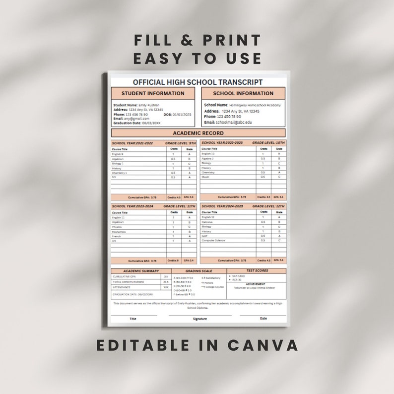 Fillable Printable High School Transcript Canva Template | Editable ...
