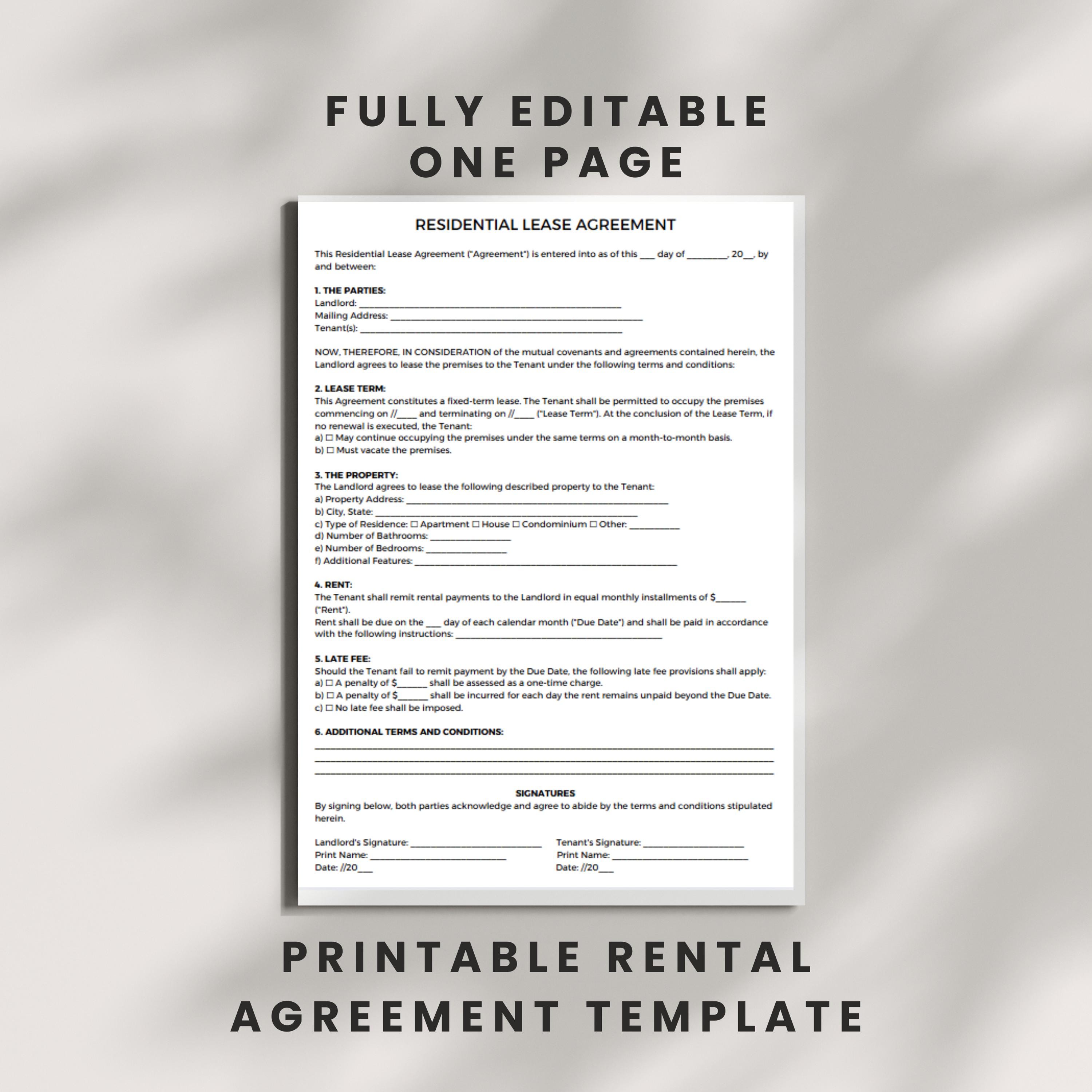 Editable Rental Agreement Template | Printable Lease Contract ...