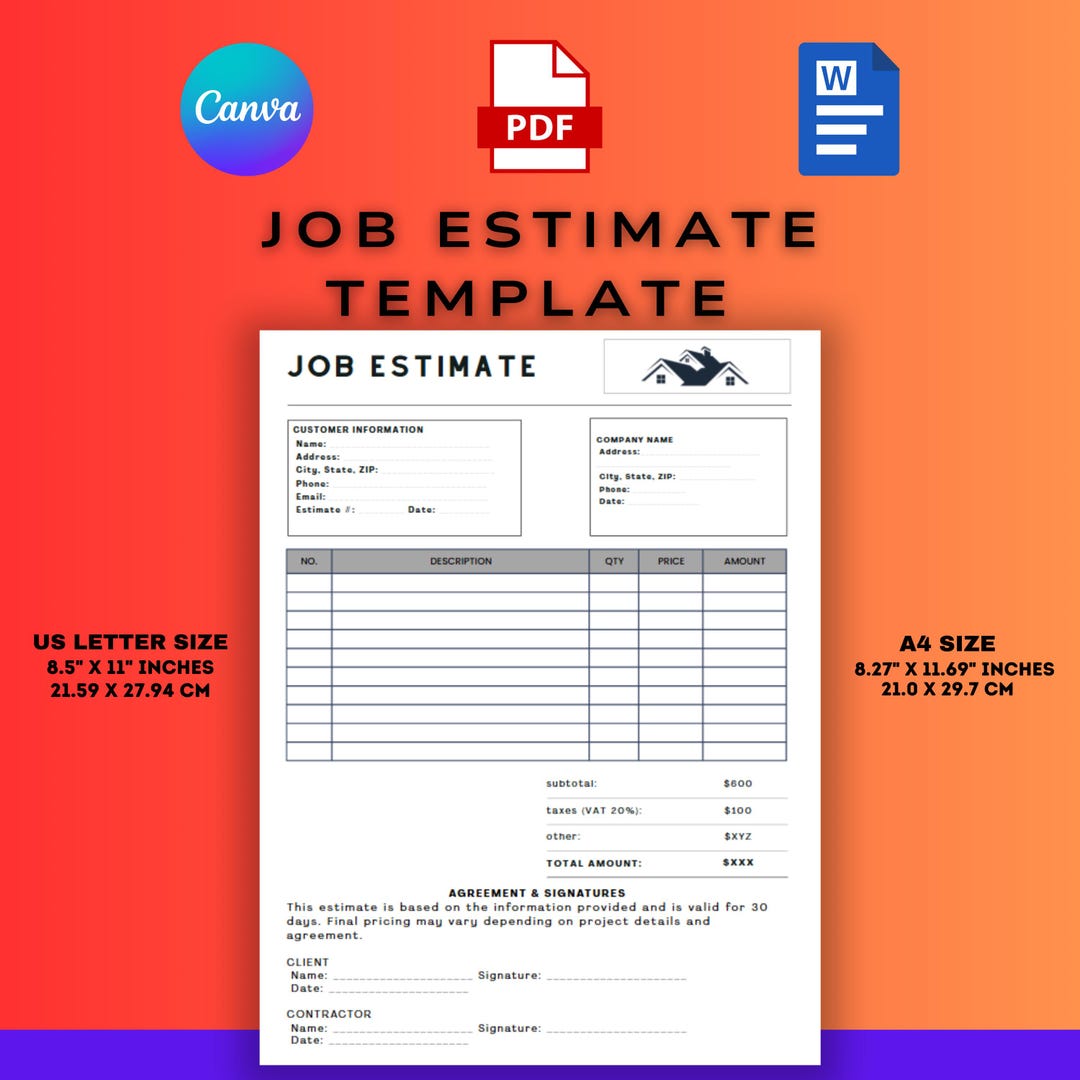 Editable Job Estimate | Work & Construction Bid | Work Estimate Form ...
