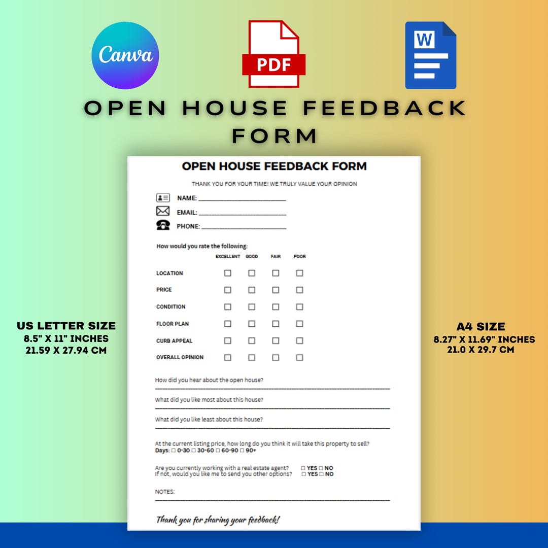 Open House Feedback Form | Editable Real Estate Questionnaire | Realtor ...
