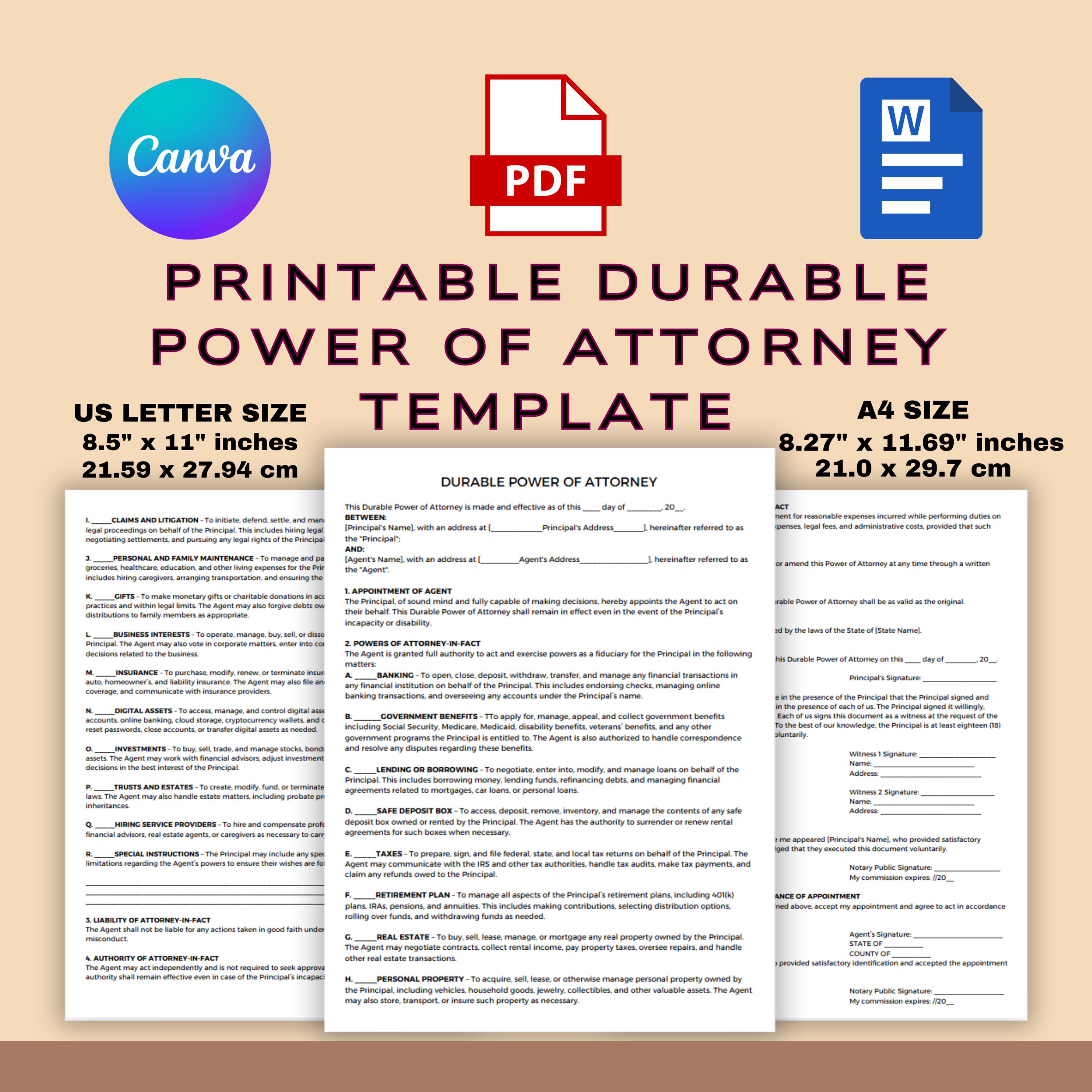 Printable Durable Power of Attorney Template | Editable POA Template ...