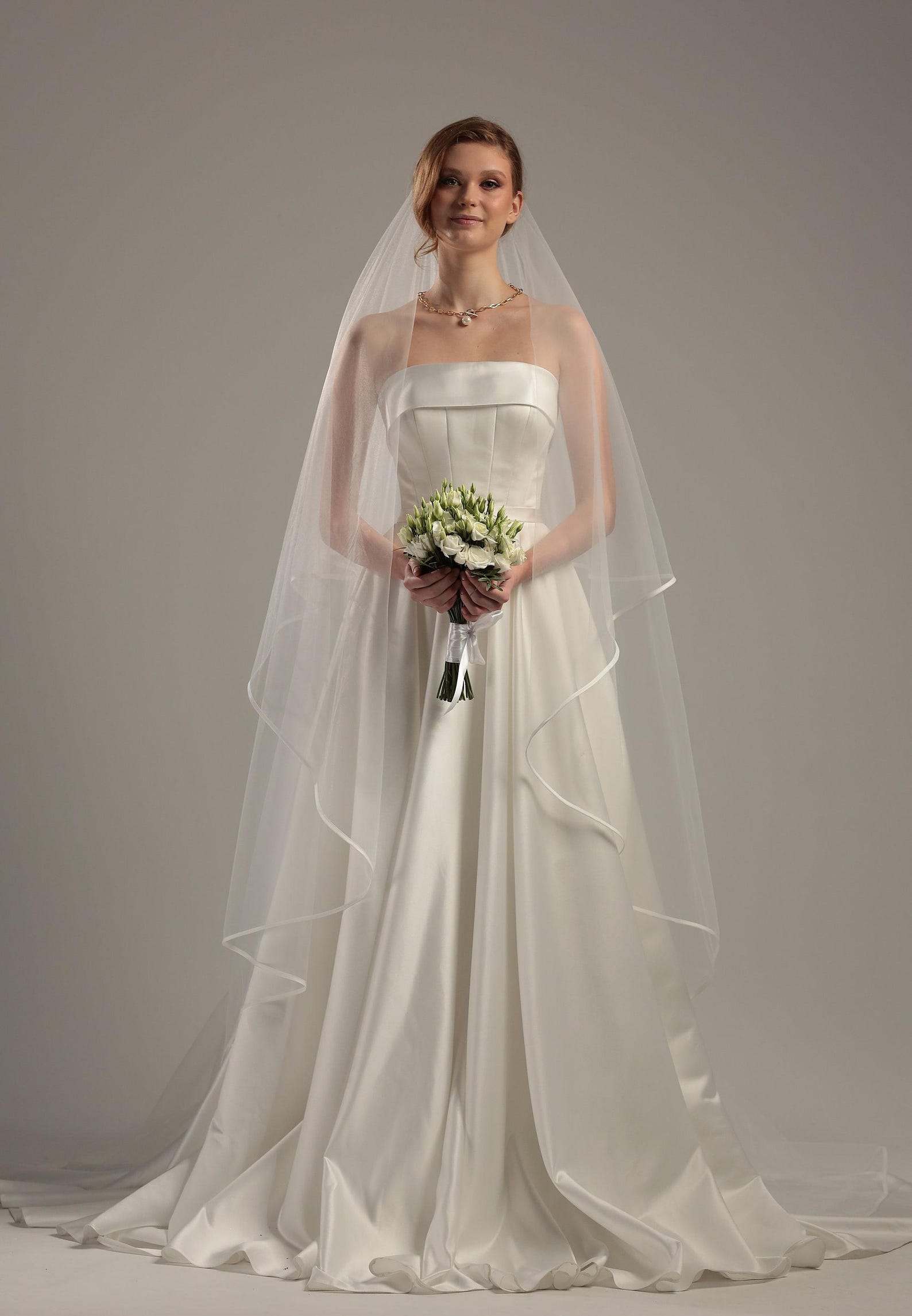 Two-tier Satin Edge Veil | Bridal Veil With Double Satin Trim | Layered ...