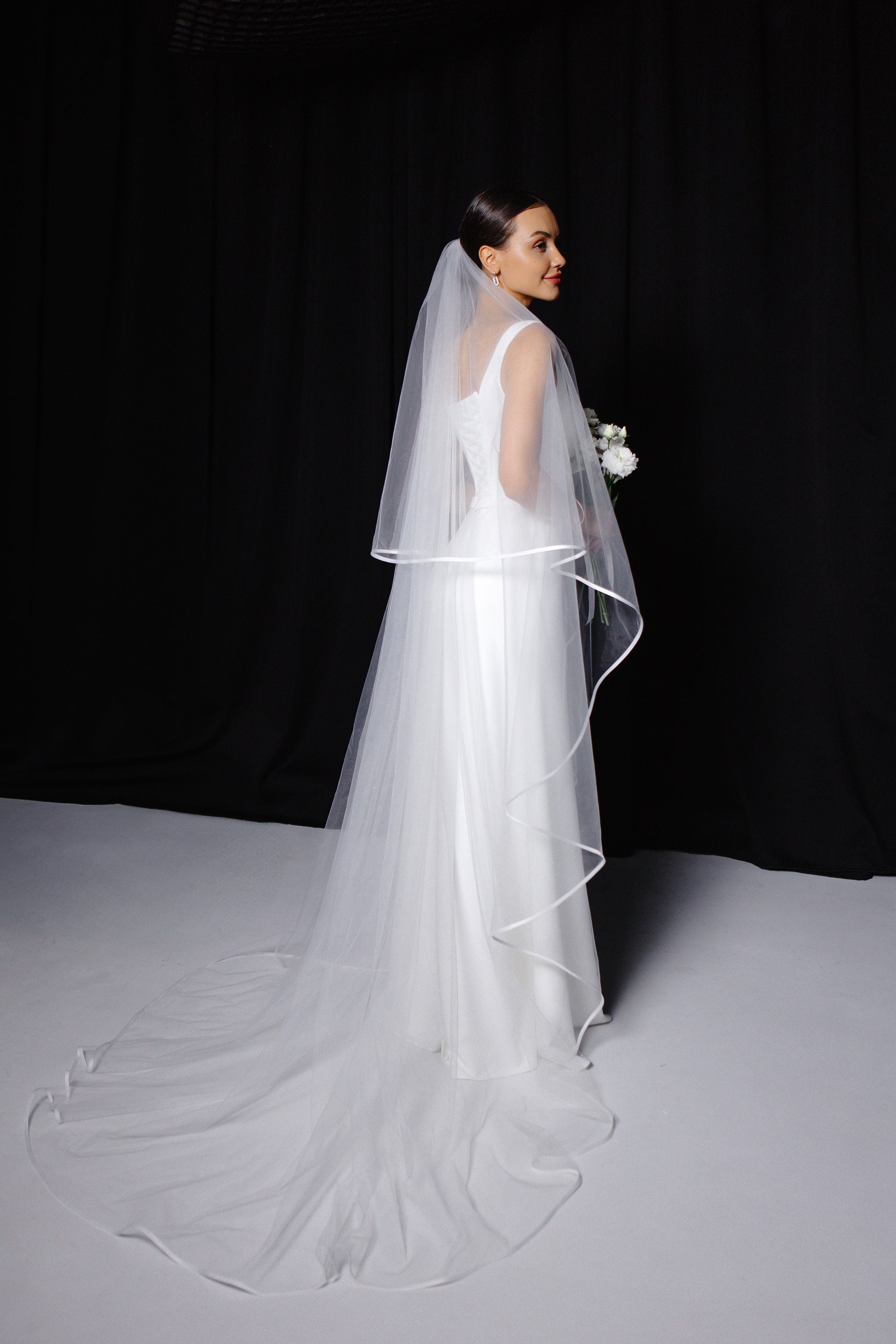 Satin Ribbon Edge Bridal Veil Wedding White, Ivory Ribbon Wedding Veil ...