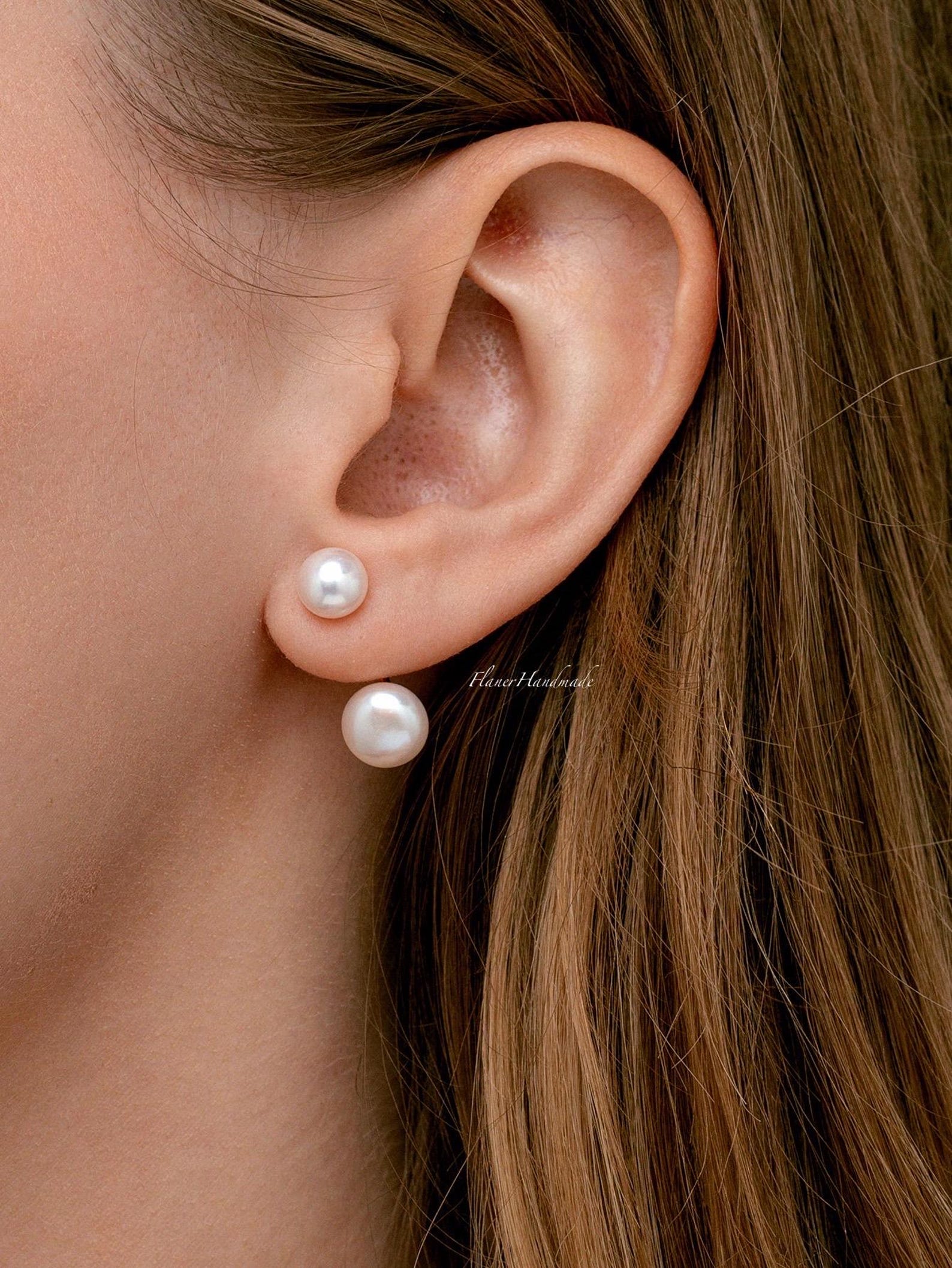 Dainty Pearl Ear Jacket Studs, Freshwater Pearl Front and Back Earrings ...