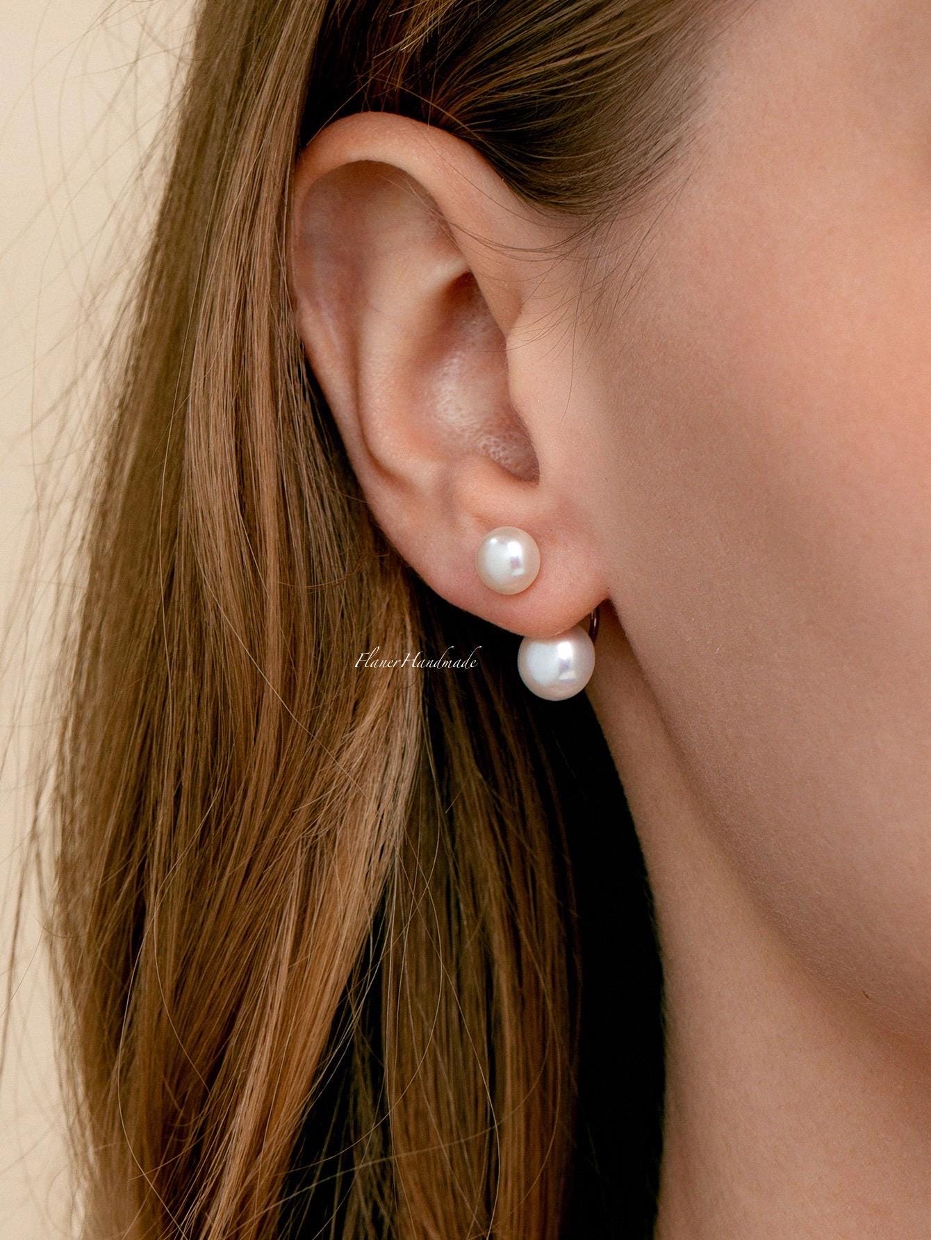 Dainty Pearl Ear Jacket Studs, Freshwater Pearl Front and Back Earrings ...
