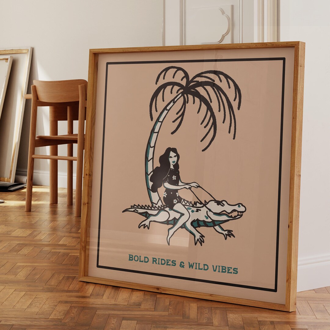 Hawaii Croc Girl Wall Art, Retro Beach Wall Art, Coastal Poster Art ...