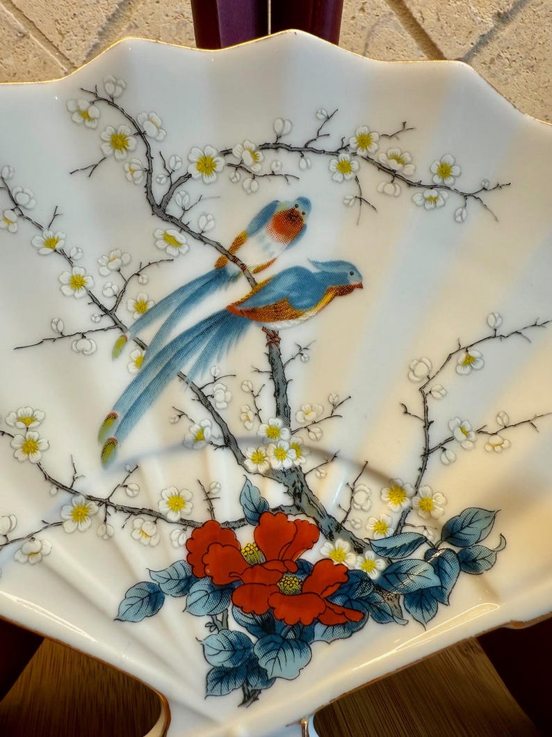 Vintage Jay Japan Fan-shaped Fine China Plate | Bluebirds & Cherry ...