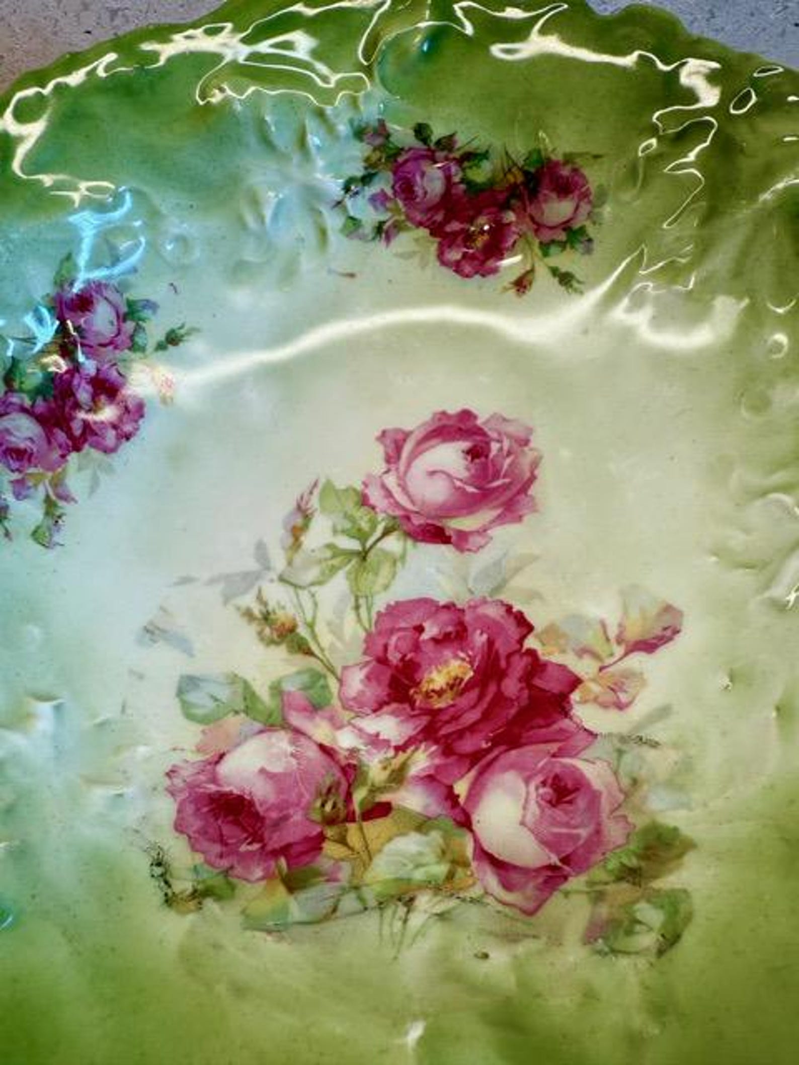 Antique German Porcelain Bowl – Pink Roses & Gilded Embossed Edge ...
