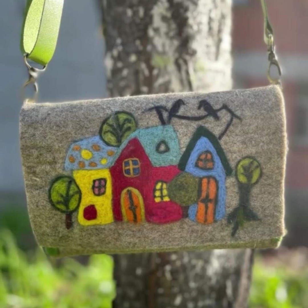 Handmade Felted Bag With Colorful House Design - Eco-friendly Felted ...