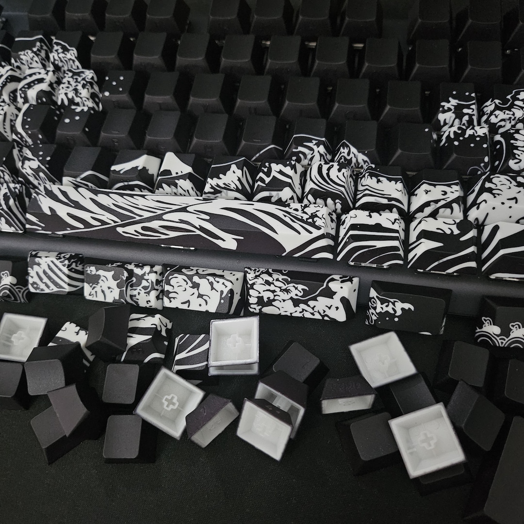 Keyboard Key Caps Set Wave Style Black 128 Keycaps for Working for ...