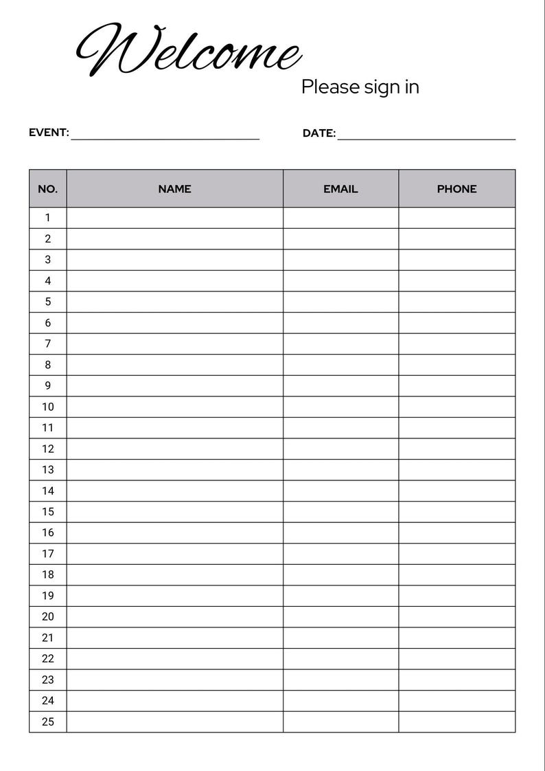 Welcome Sign-in Sheet, Open House Sign-in Sheet, Contact List, Open ...