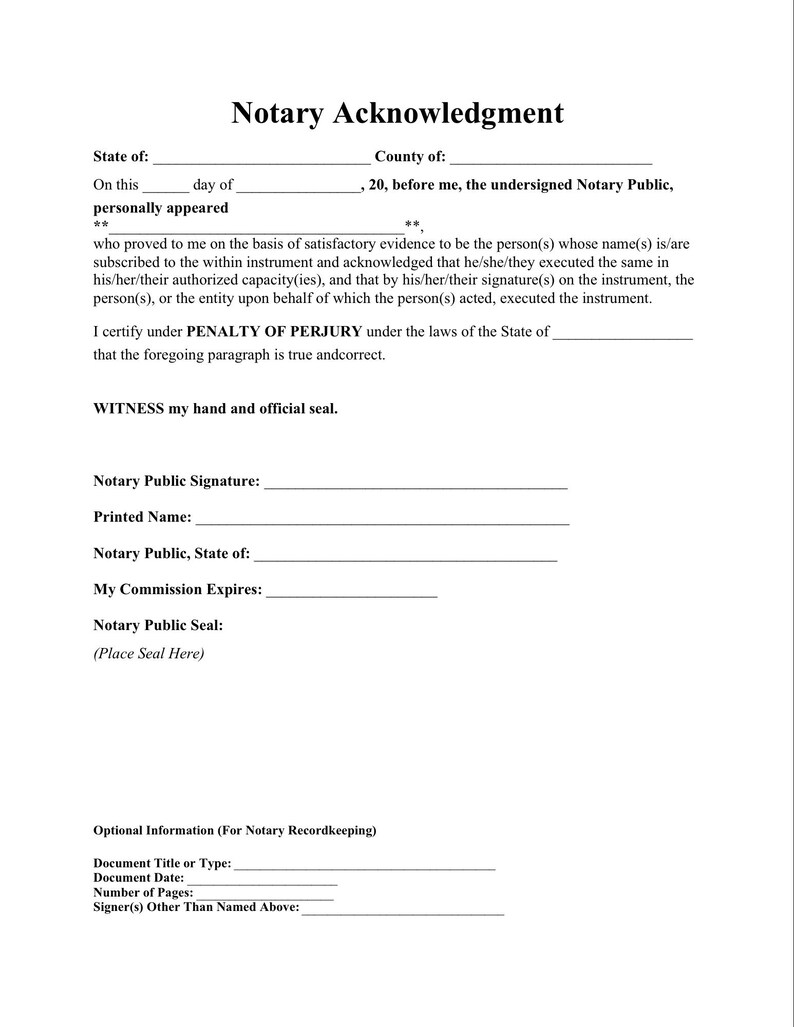 Editable Notary Acknowledgment Form, Printable PDF - Etsy