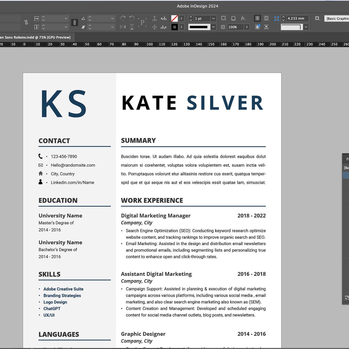 Minimalist Resume Template CV - Editable in Adobe Indesign - Reference ...