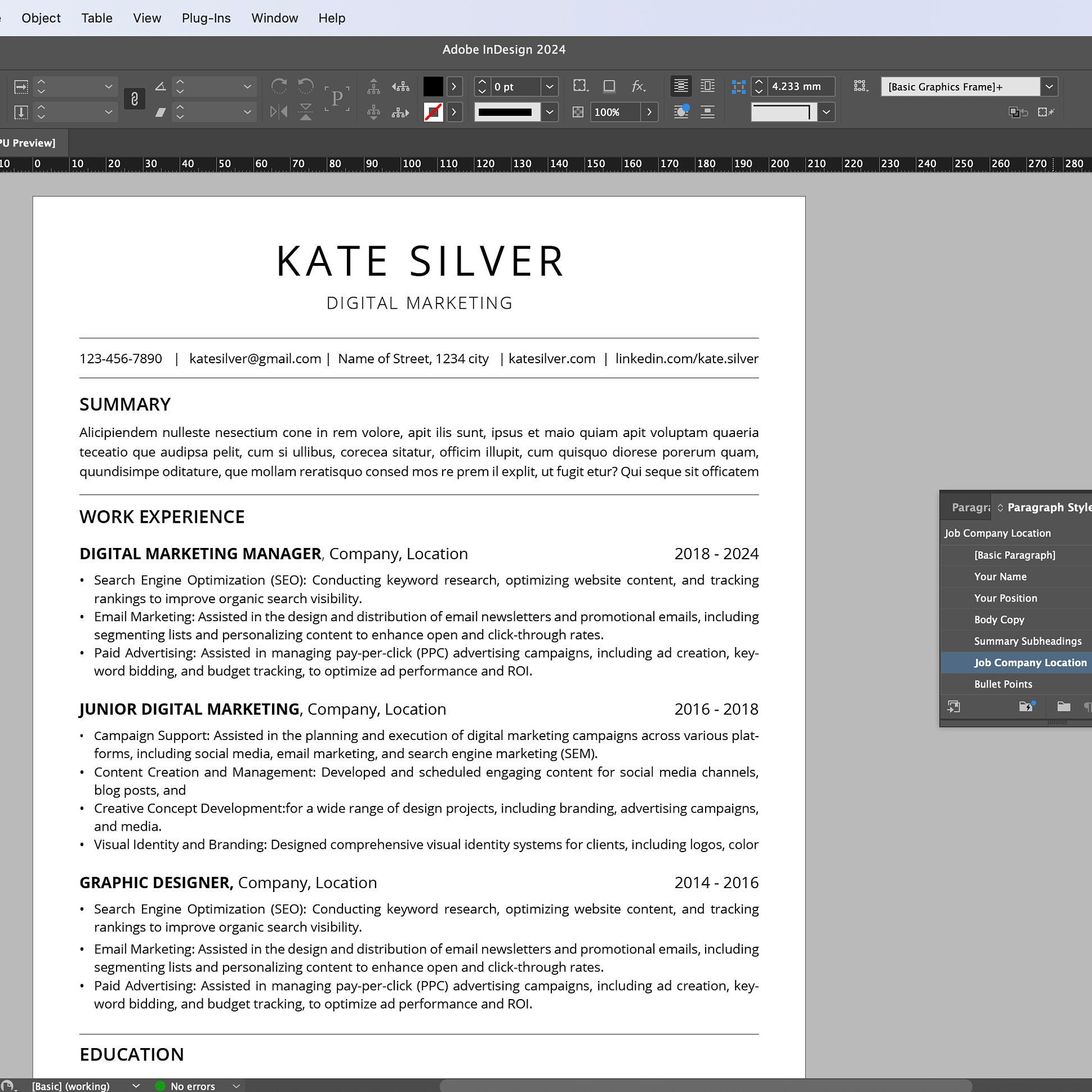 Indesign Resume Template CV - Minimalist Adobe Indesign & Illustrator ...