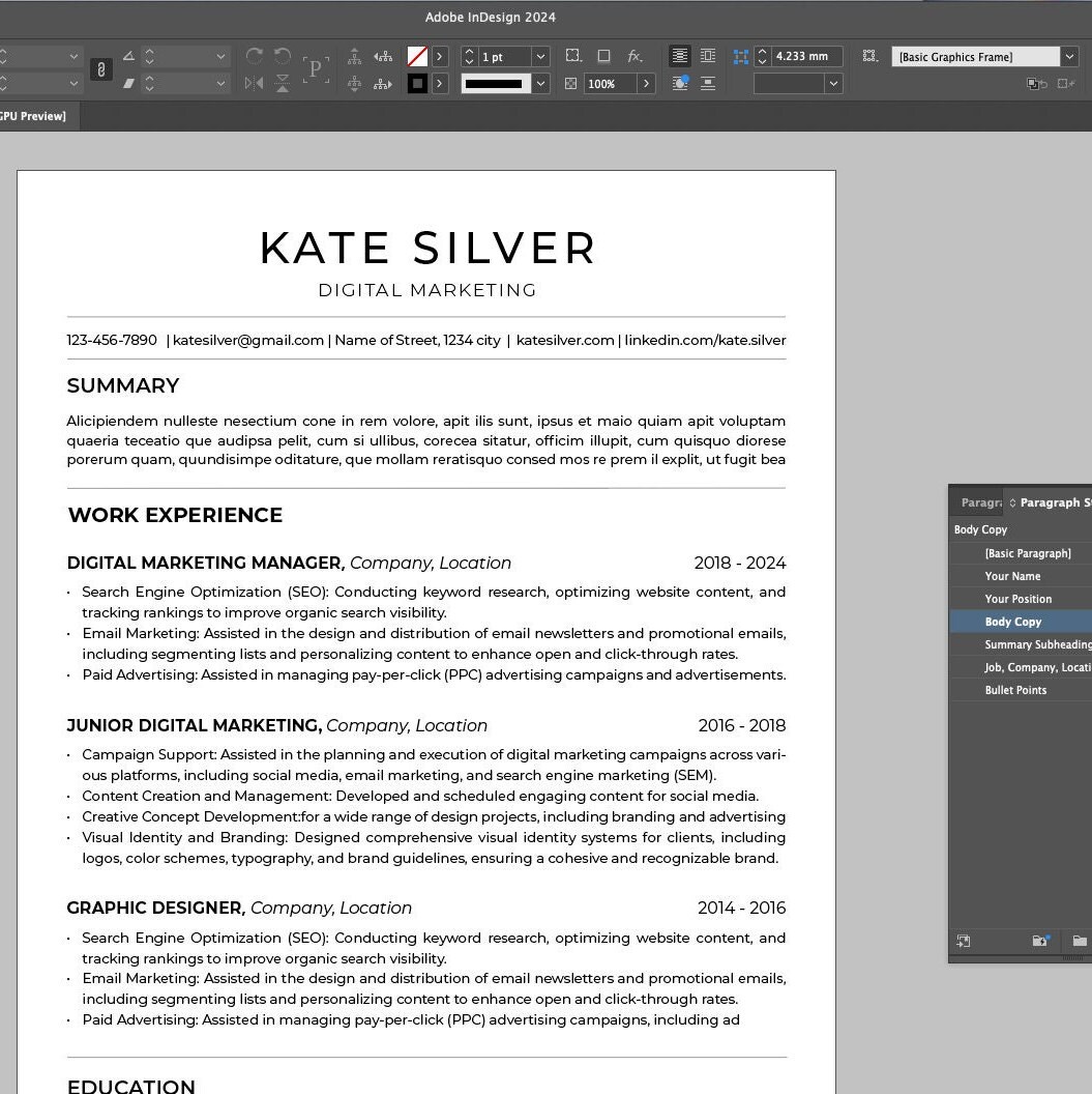 Indesign Resume Template CV - Minimalist - Adobe Indesign & Illustrator ...