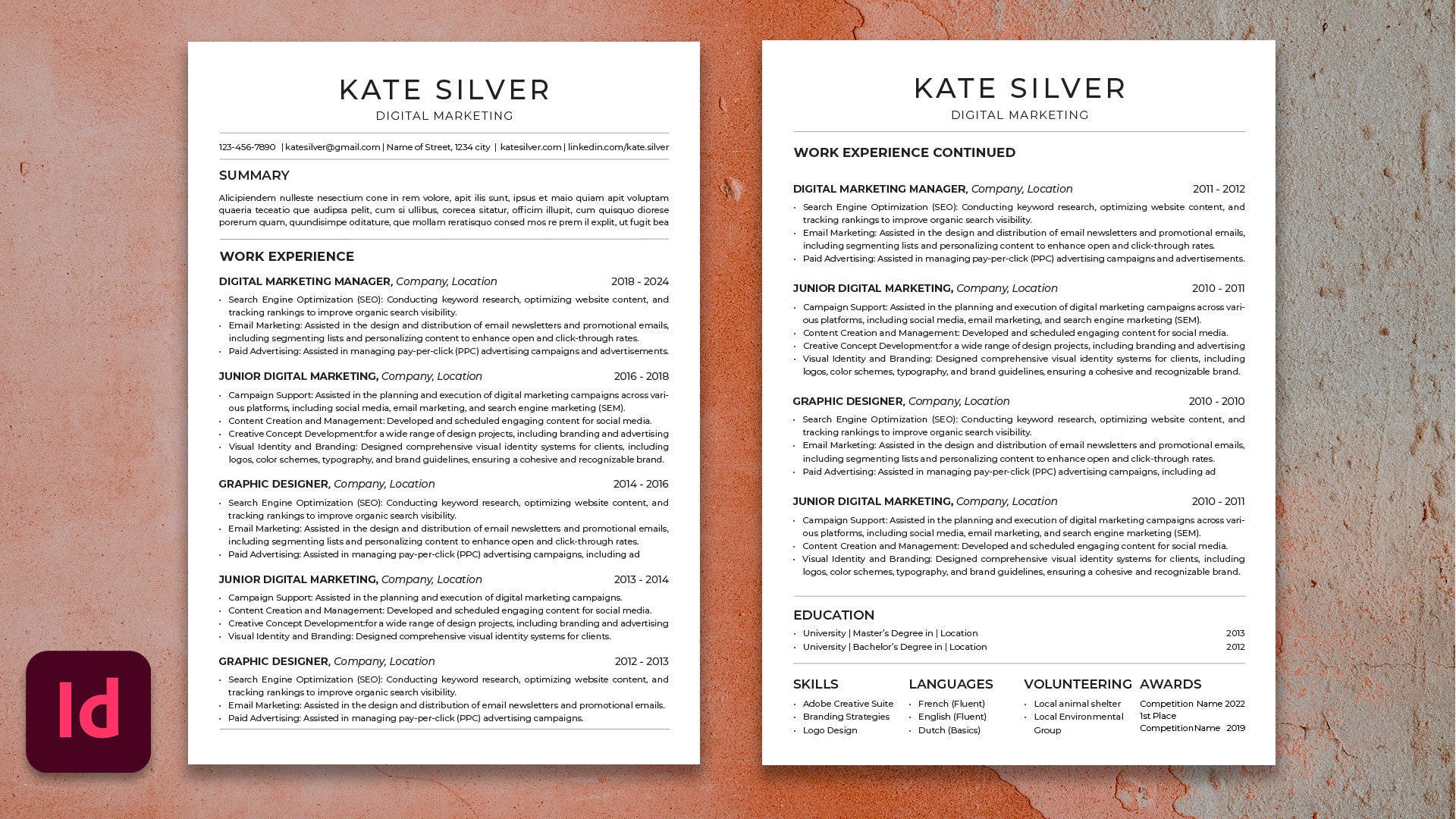 Indesign Resume Template CV - Minimalist - Adobe Indesign & Illustrator ...