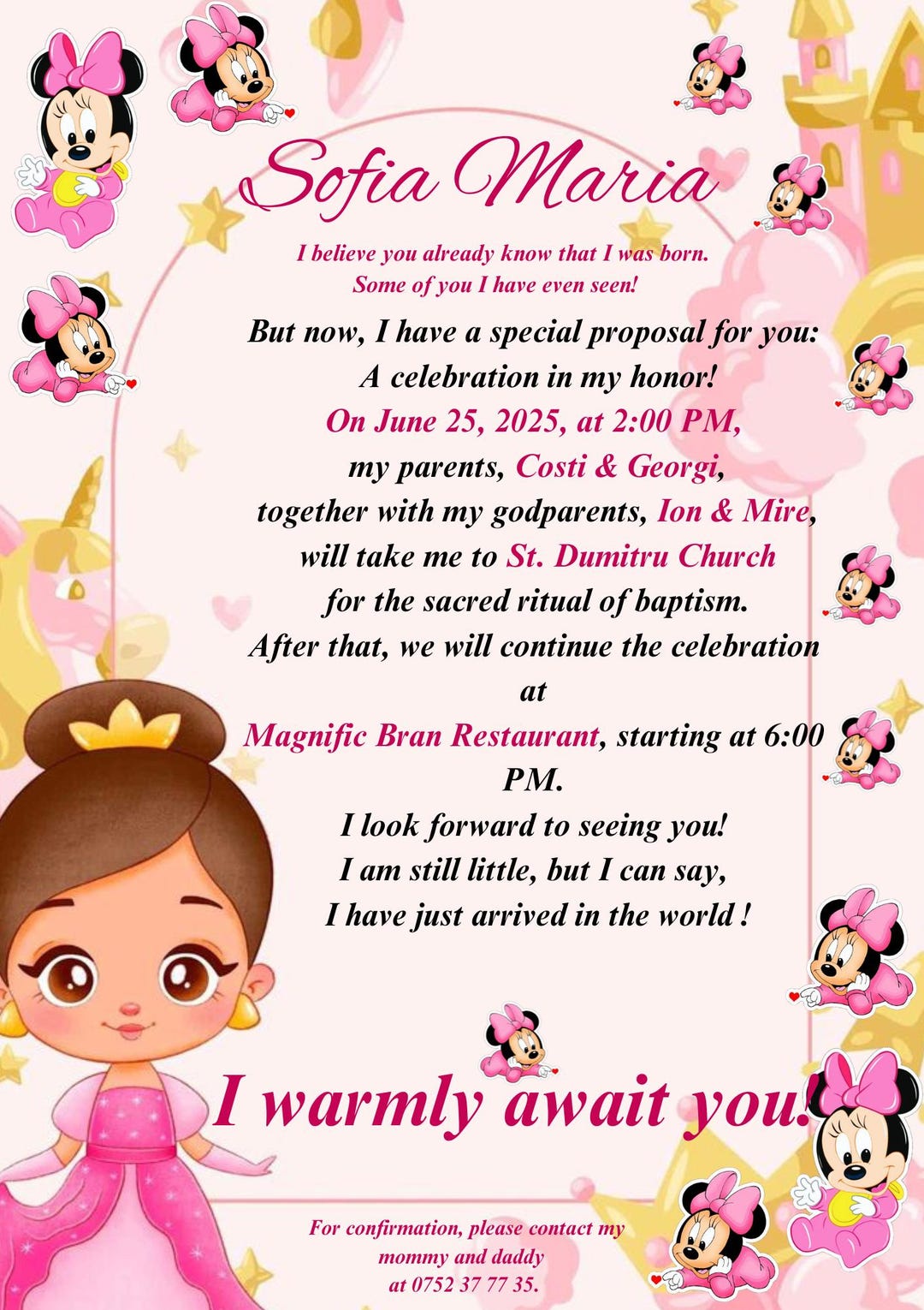 Elegant Pink Minnie Mouse Baptism Invitation Fit for a Little Princess ...