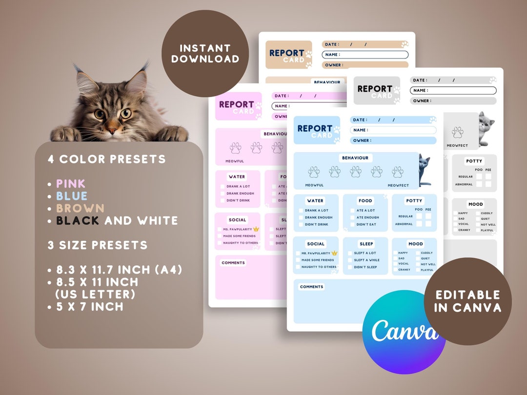 Cat Report Card | Editable in Canva | Pet Daycare Report Card | Cat ...