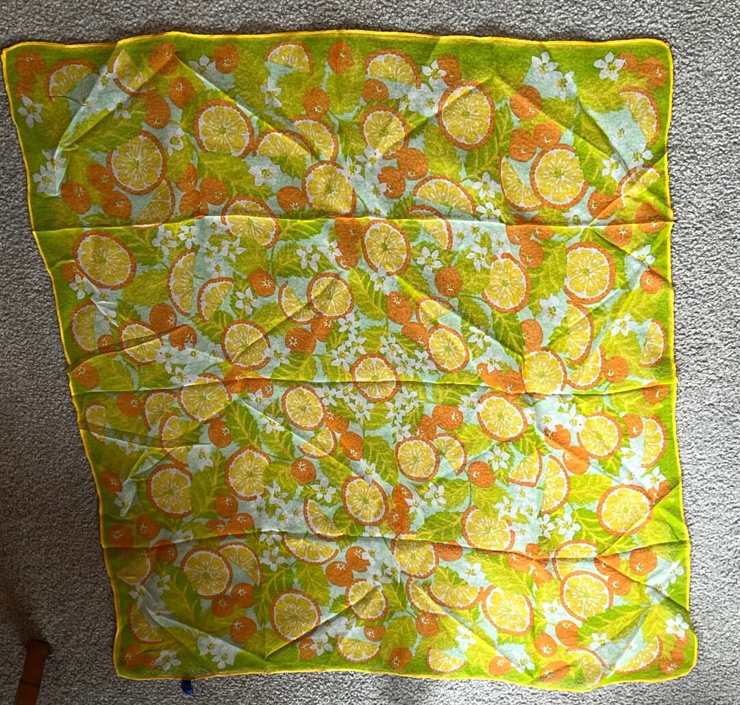 VINTAGE SHEER CHIFFON Neck Scarf Lemon Orange Flower Print 1960's ...