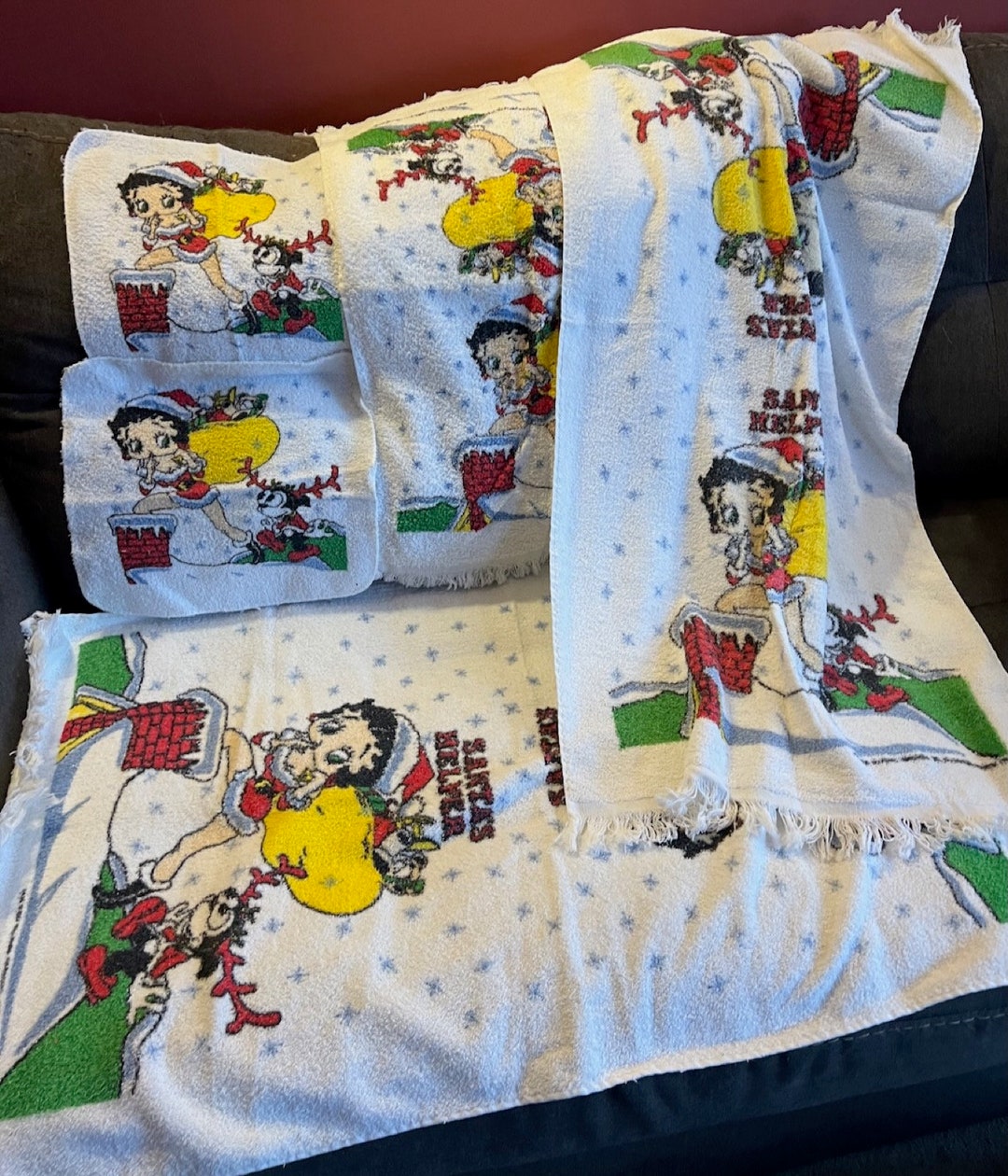 Vintage Set of BETTY BOOP CHRISTMAS Holiday Towels 6 of Them Santa ...