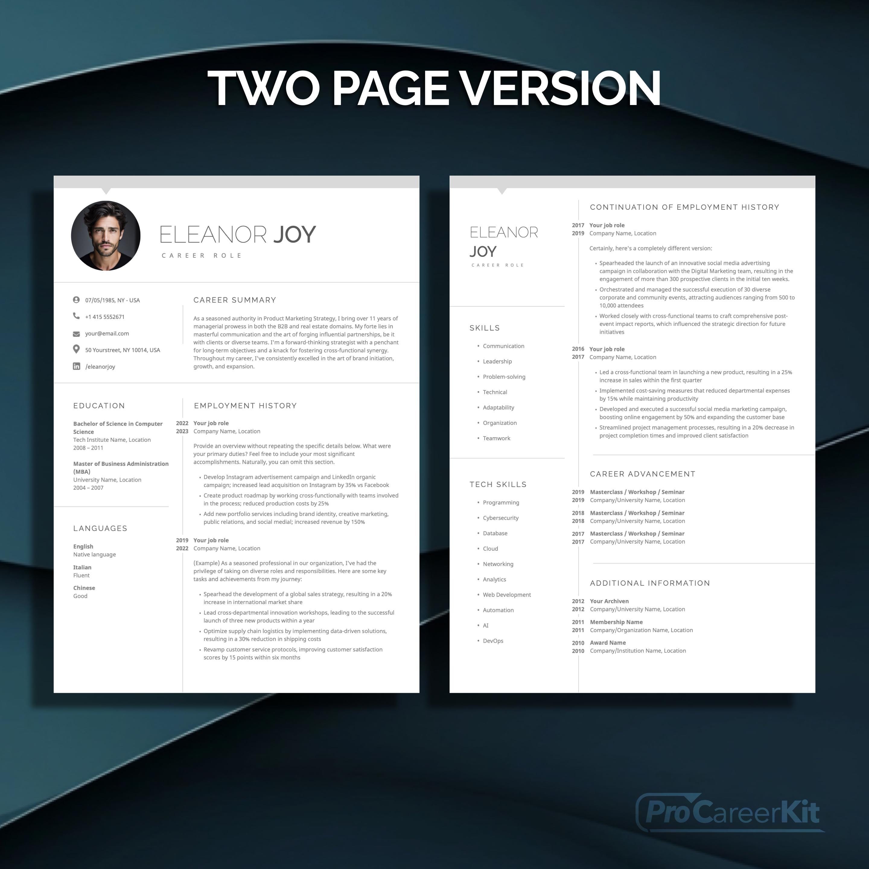 EN CV Template, Modern CV Template for Word, Pages, Clean, CV Template ...