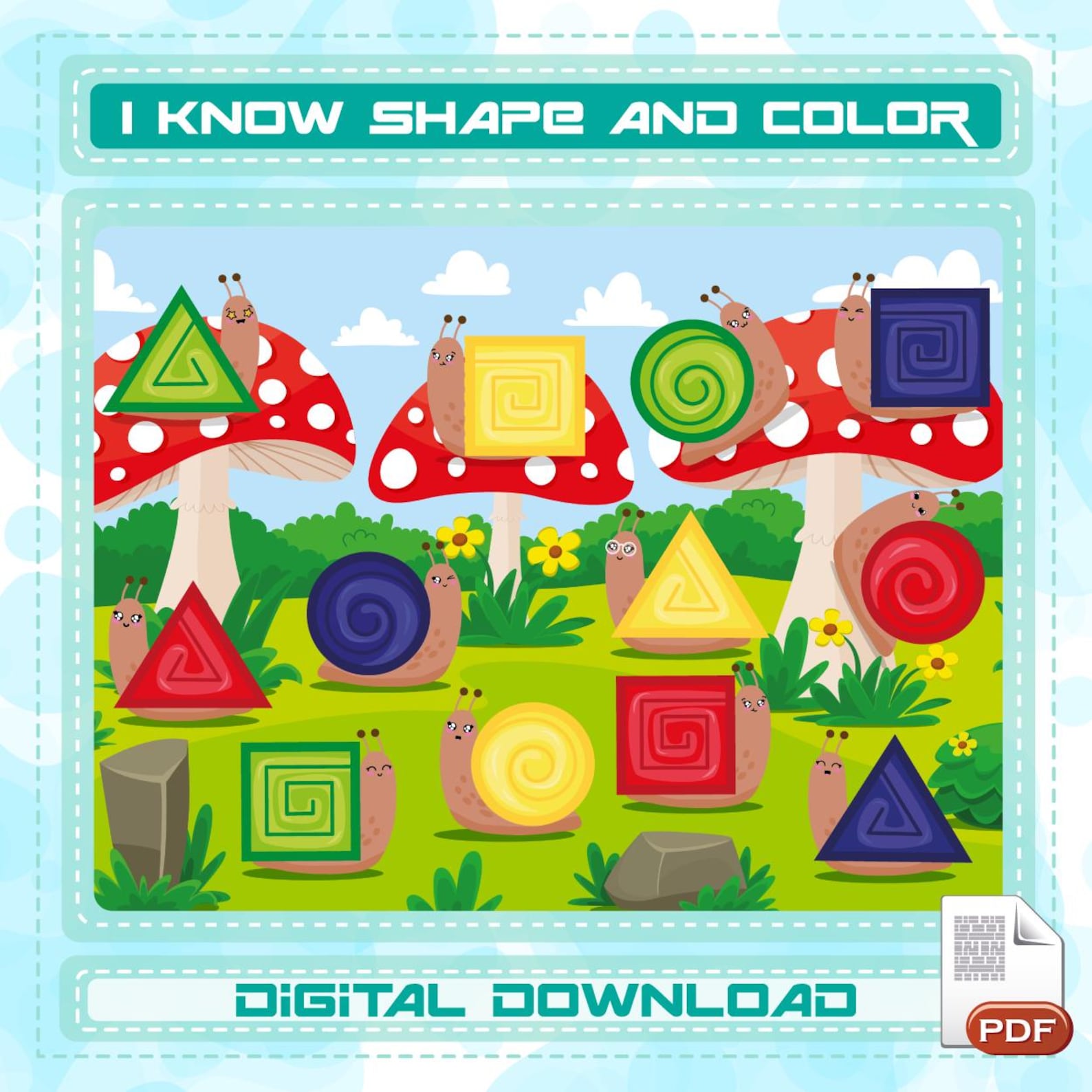 Shapes and Colors Learning Game: Snail Matching Activity (PDF Pattern ...