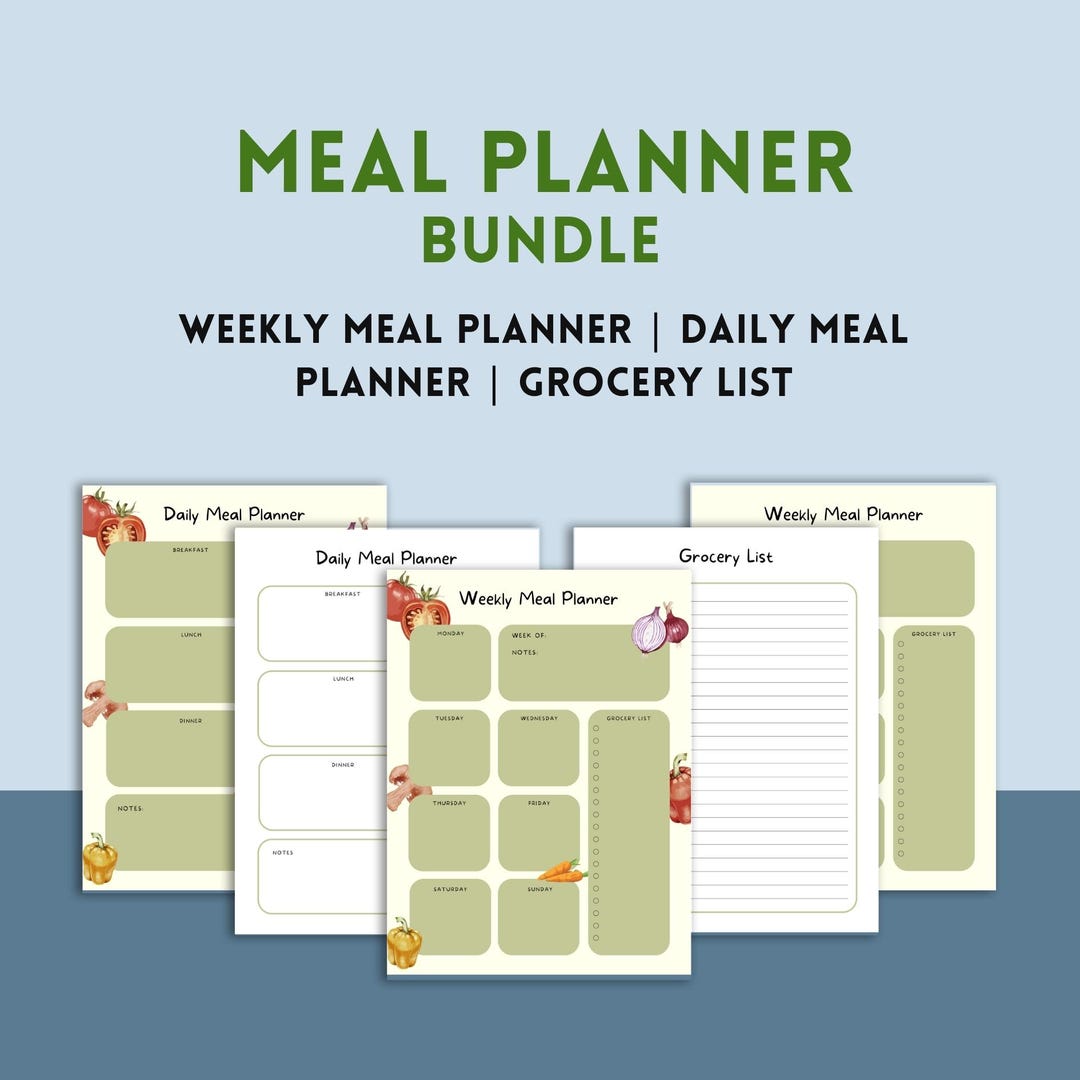 Green Daily & Weekly Meal Planner With Grocery List Printable Meal Plan ...