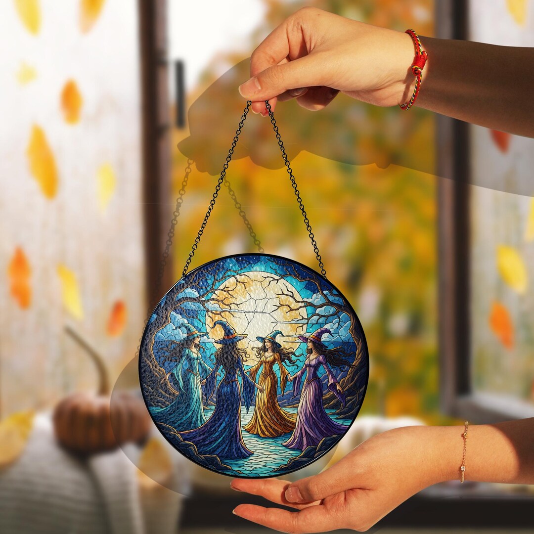 Witches Dancing in the Forest Stained Glass, Halloween Witch Window ...