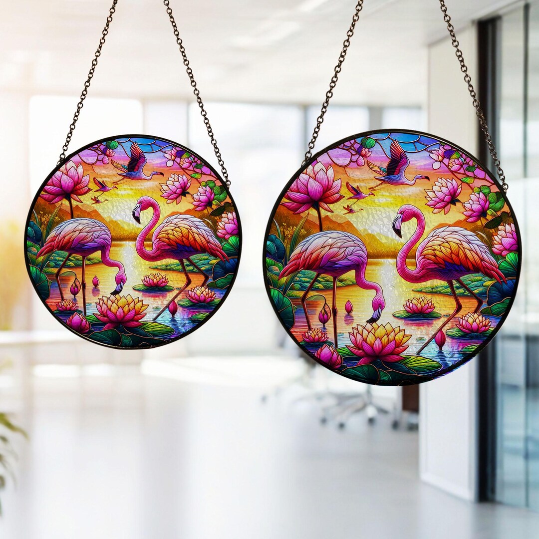 Flamingo in Lotus Pond Stained Glass Acrylic Window Hanging, Flamingo ...
