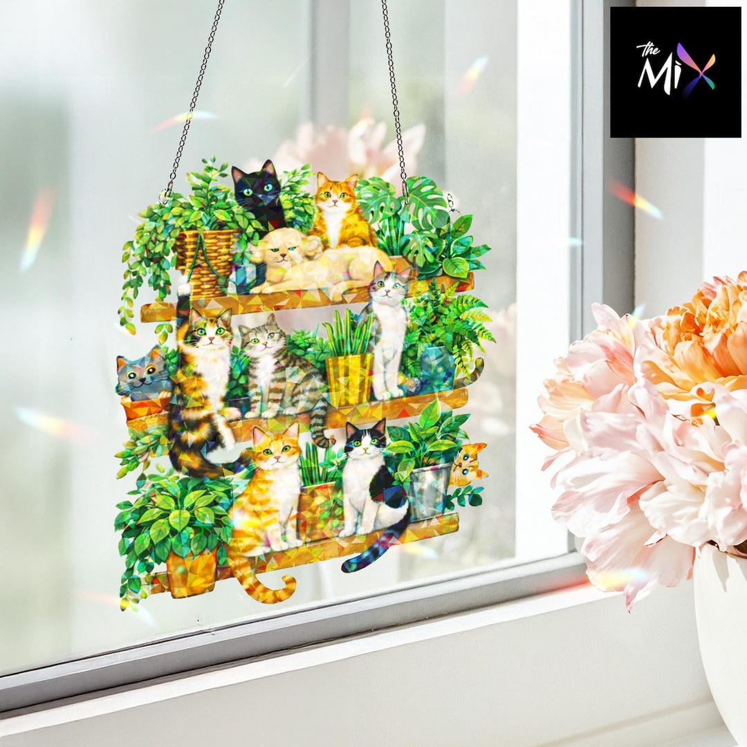 Cat Plant Shelf Acrylic Suncatcher, Cute Cats With Houseplants Window ...