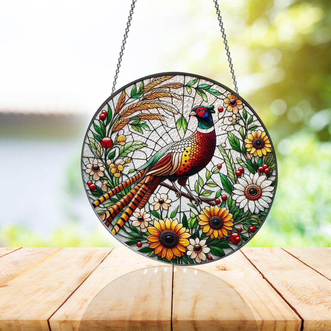 Pheasant and Flowers Stained Glass Window Hanging, Pheasant Suncatcher ...