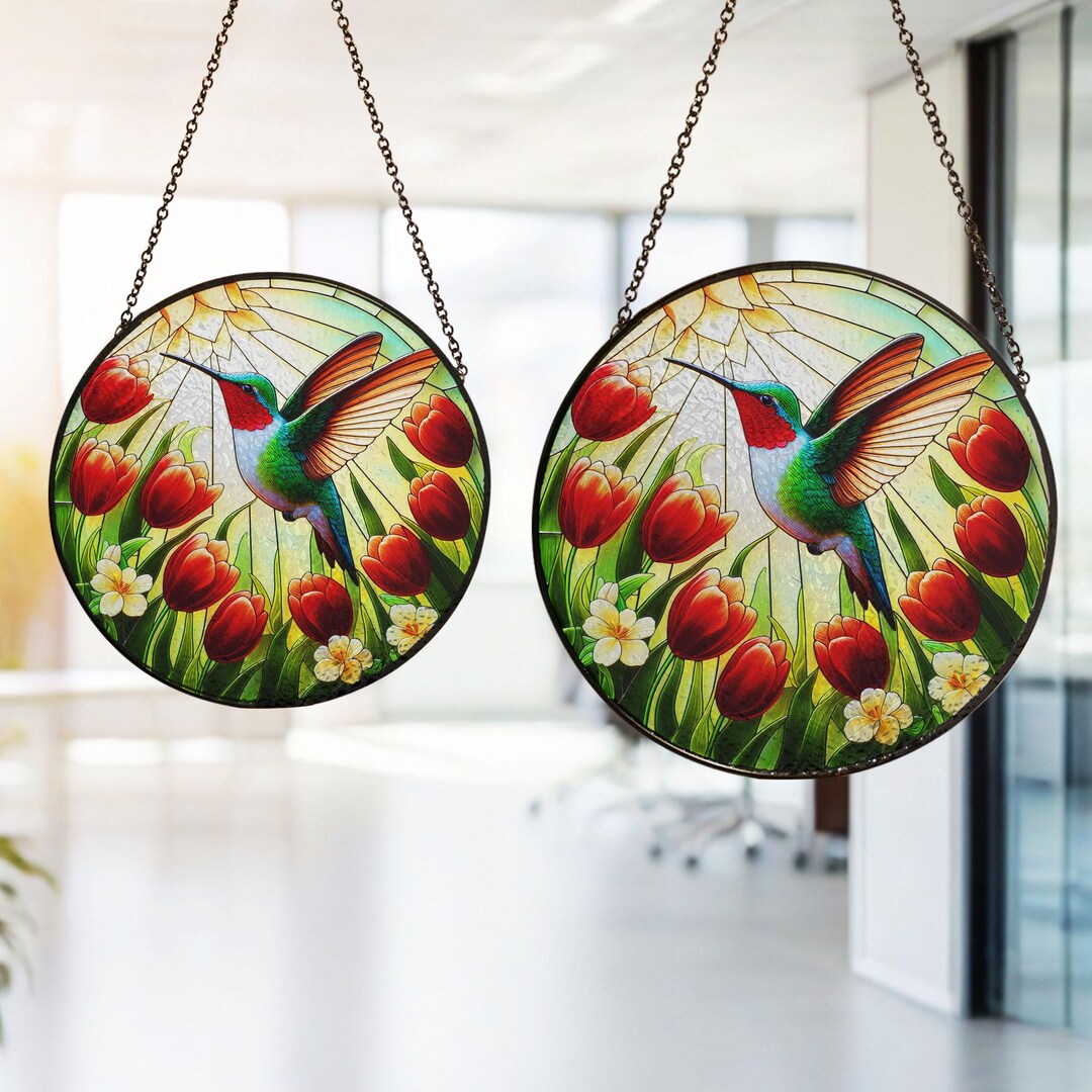 Hummingbirds and Tulips Stained Glass Acrylic Window Hanging ...