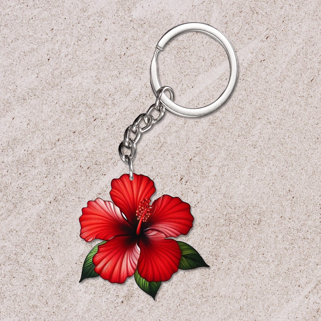 Red Hibiscus Flowers Acrylic Keychains, Hibiscus Keychain, Flower ...