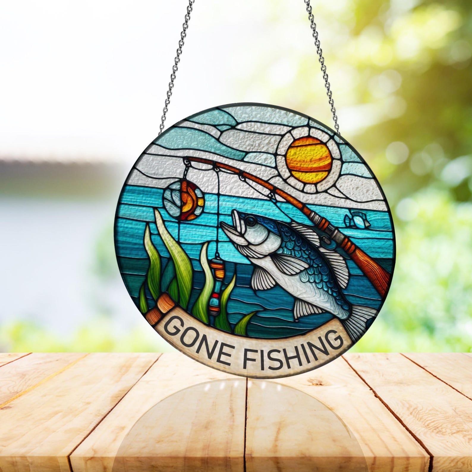 Gone Fishing Stained Glass, Fishing Suncatcher, Acrylic Window Hanging ...