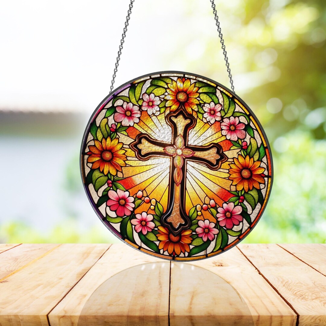 Cross With Flowers Stained Glass Window Hanging, Cross Acrylic Home ...