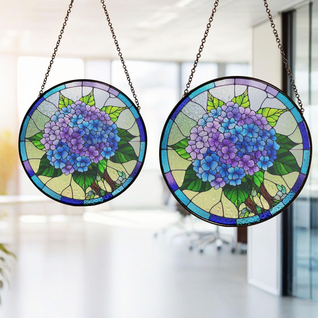 Blue Hydrangea Stained Glass Acrylic Window Hanging, Blue Hydrangea ...