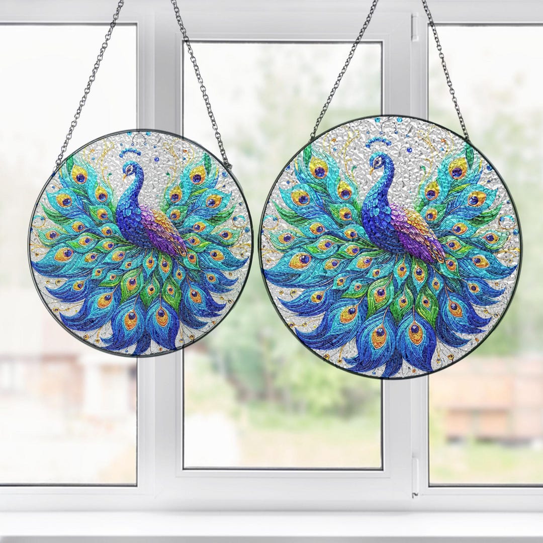 Peacock Stained Glass Acrylic Window Hanging, Peacock Window Decor ...