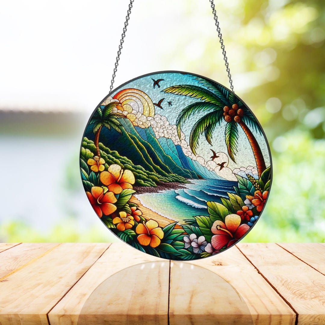 Hawaiian Landscape Stained Glass Window Hanging, Hawaiian Suncatcher ...