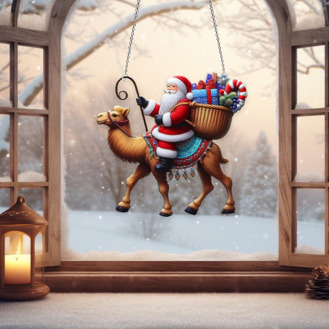 Santa Riding A Camel Acrylic Window Hanging, Santa Christmas Ornament ...