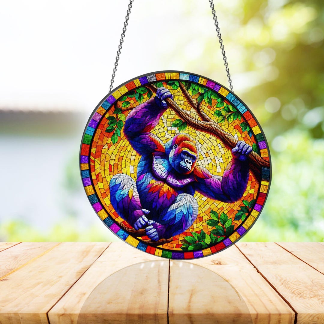 Monkey Stained Glass Suncatcher, Chimpanzee Acrylic Window Hanging ...