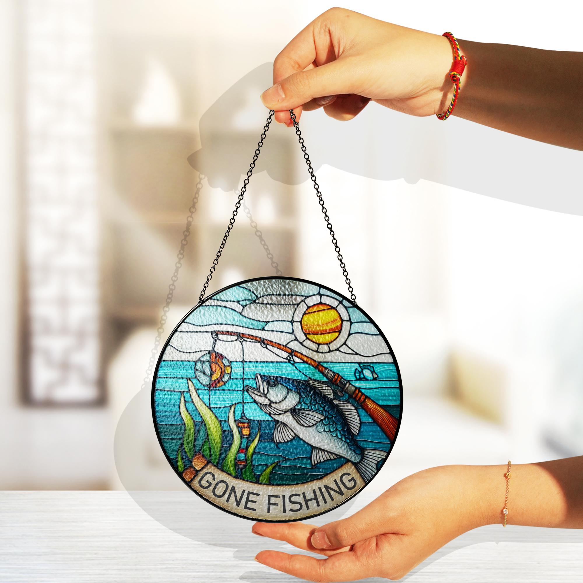 Gone Fishing Stained Glass, Fishing Suncatcher, Acrylic Window Hanging ...