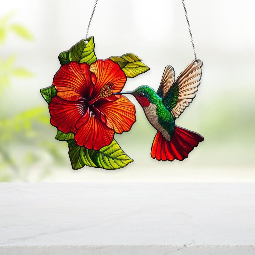 Hummingbird With Hibiscus Flowers Acrylic Window Hanging, Hummingbird ...