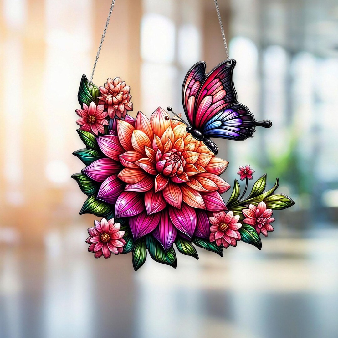 Dahlia Flower With Butterfly Acrylic Window Hanging, Dahlia Flower Home ...