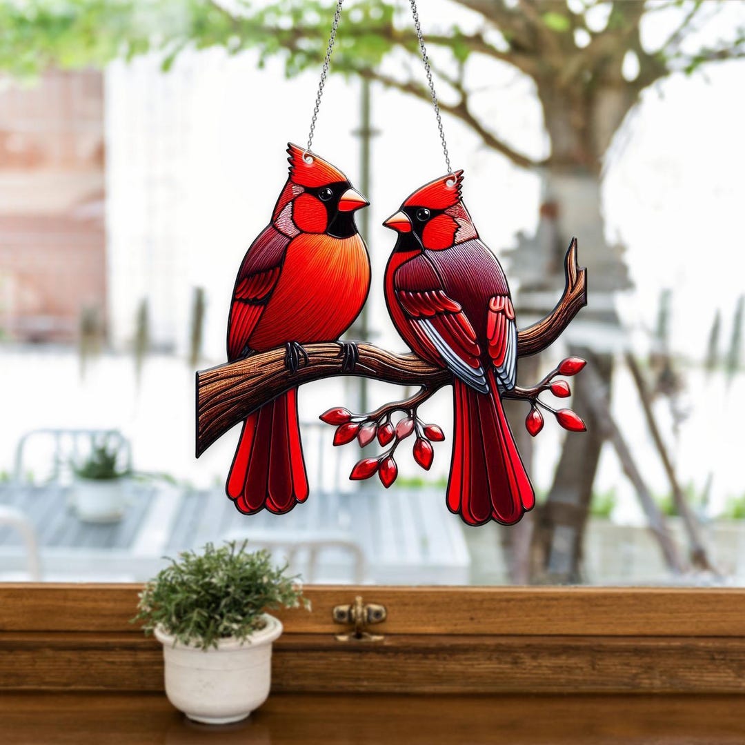 Red Cardinals Couple Acrylic Window Hanging, Gift for Cardinal Lover ...