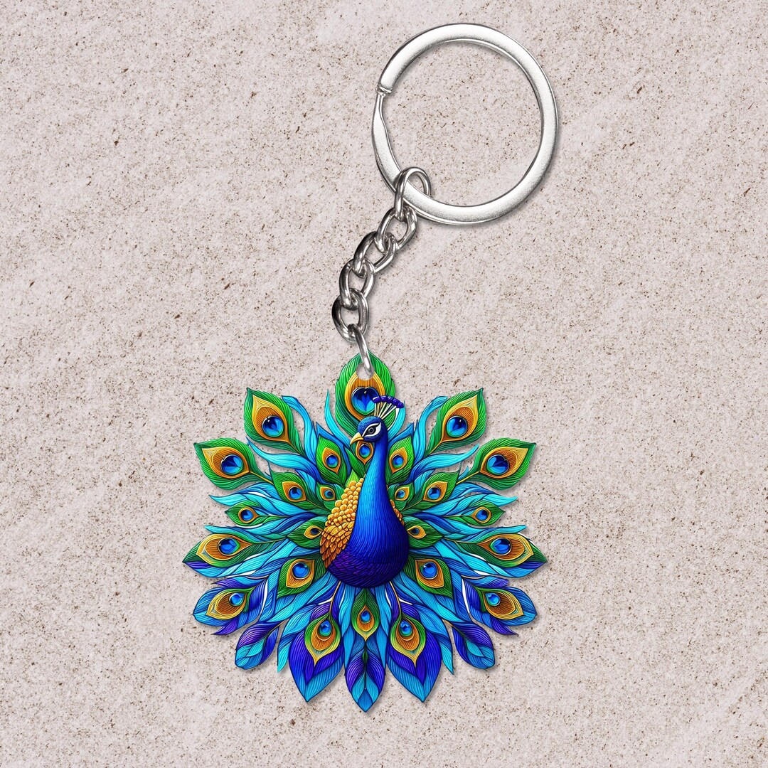 Peacock Acrylic Keychain, Peacock Keychain, Peacock Gift, Bird Keychain ...