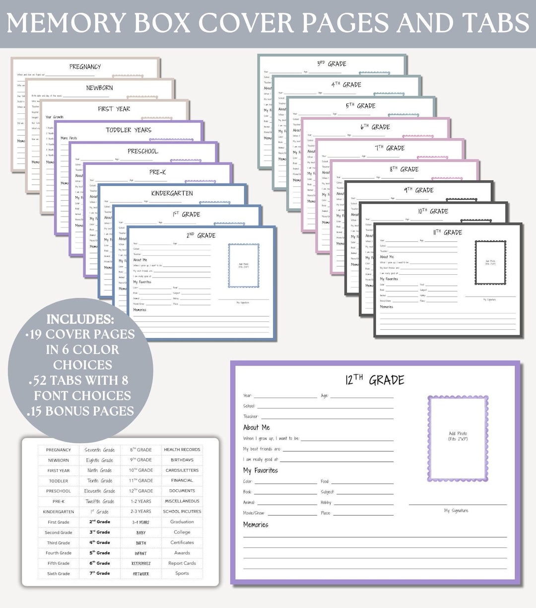 Memory Box Cover Pages & Tabs | School Year Milestone Printable Pages ...