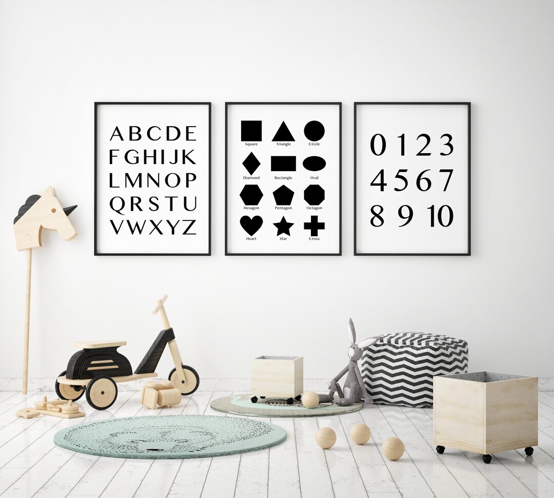 Black and White Education Posters: Alphabet, Numbers, Shapes (digital ...
