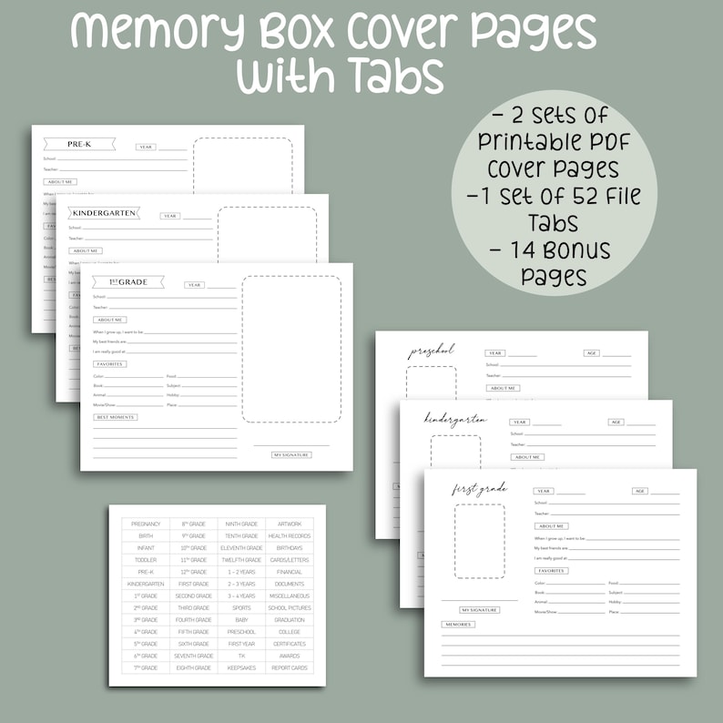 Memory Box Cover Pages & Tabs | School Year Milestone Printable Pages ...