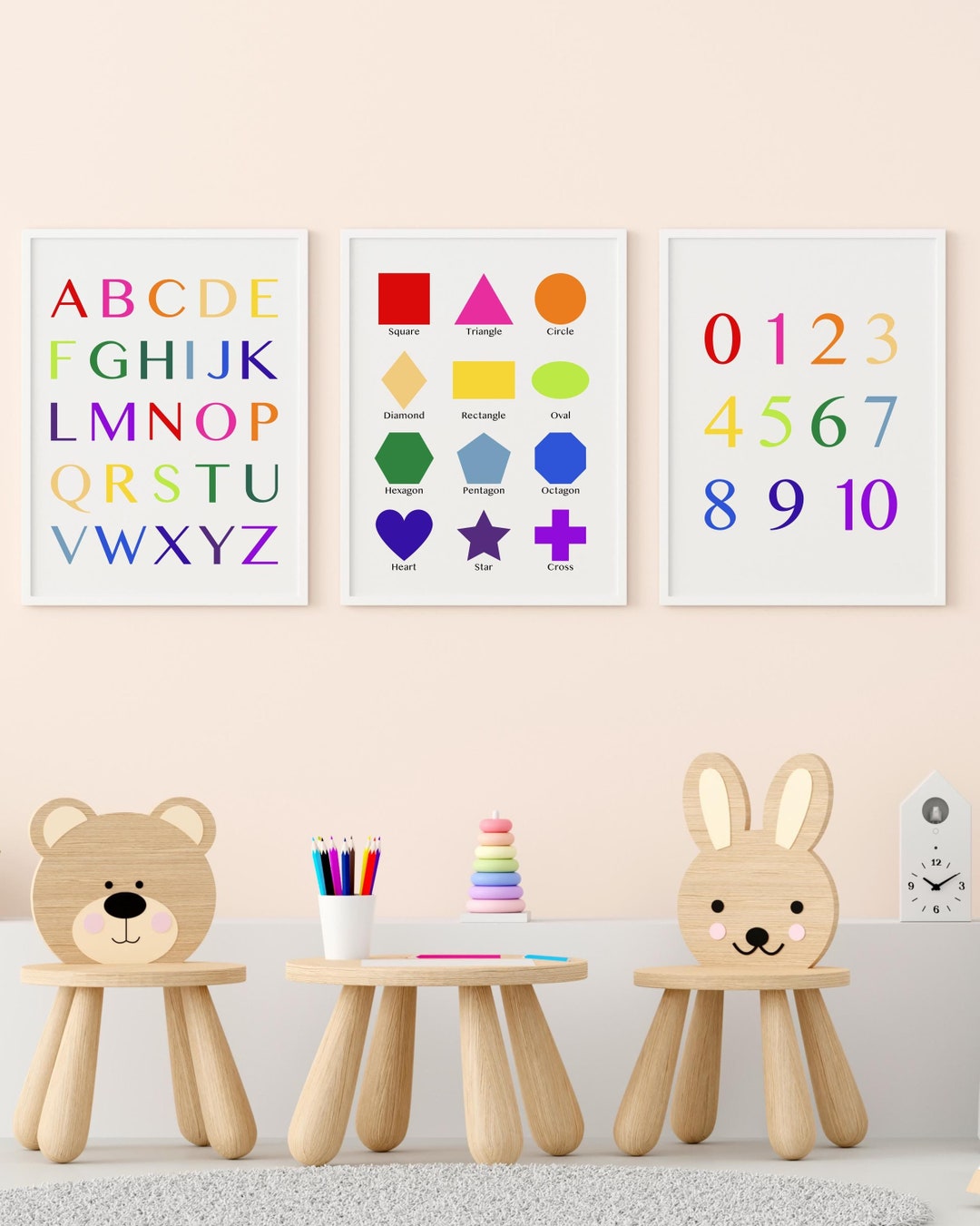 Bright, Colorful Education Posters, Shapes, Alphabet and Numbers in ...