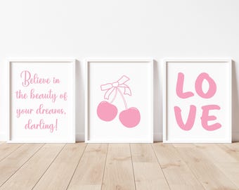 Trendy Pink Bows Love Wall Art Set of 3, Preppy Poster, College Apartment Decor, Cherry Bows ...